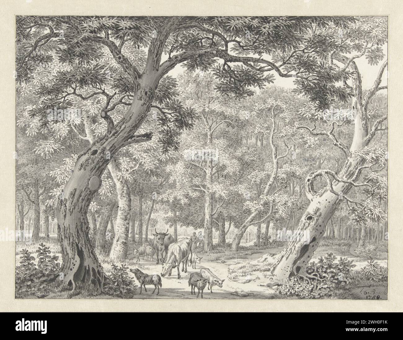 Forest face with cattle on a path, Johannes de Bosch, 1760 drawing ...