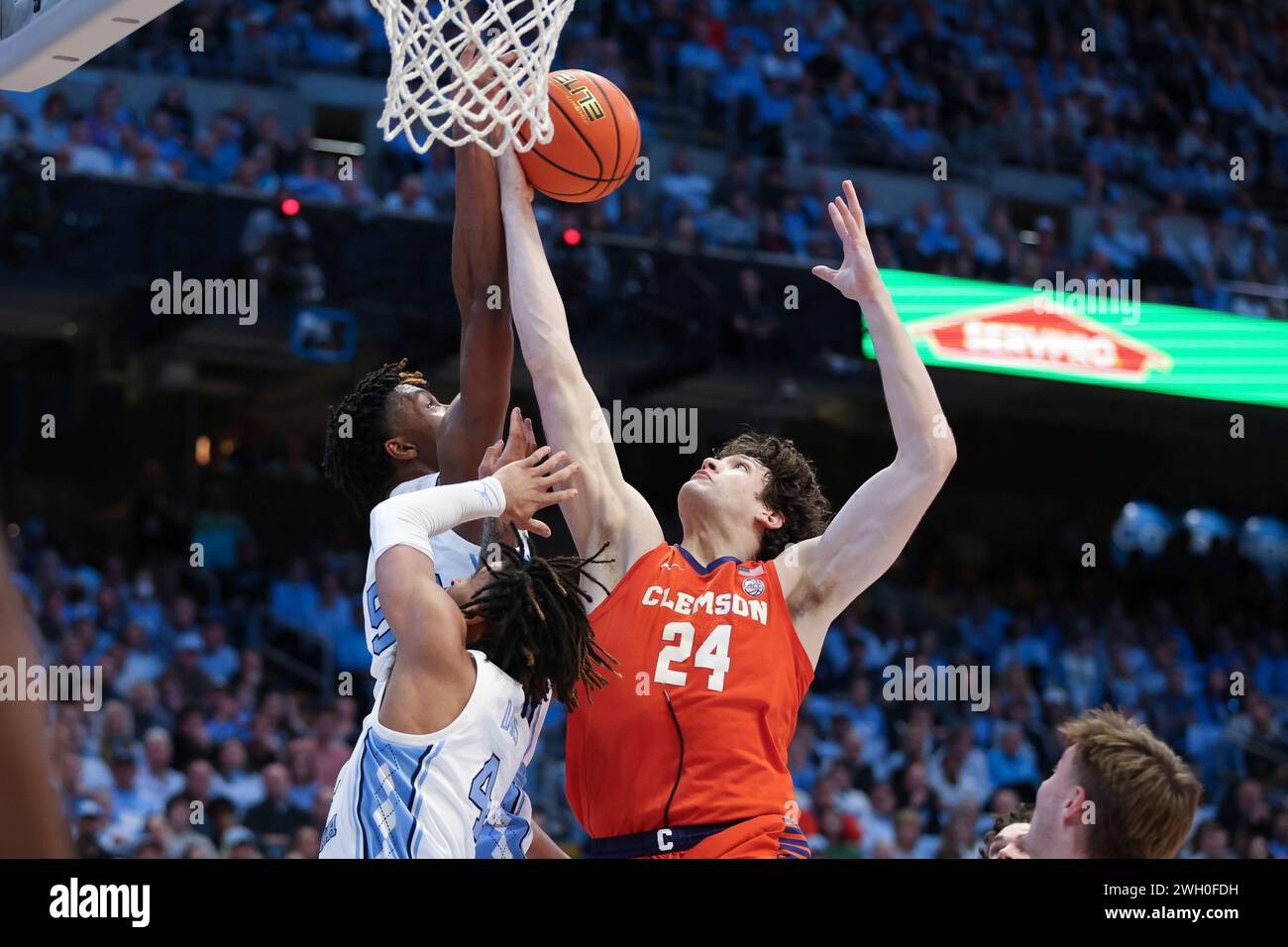 CHAPEL HILL, NC - FEBRUARY 06: Clemson Tigers center PJ Hall (24), North Carolina Tar Heels ...