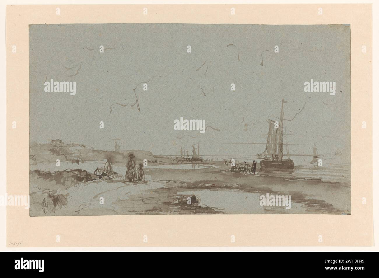 Beach face with sailing ships and walkers, Albertus van Beest, 1830 ...