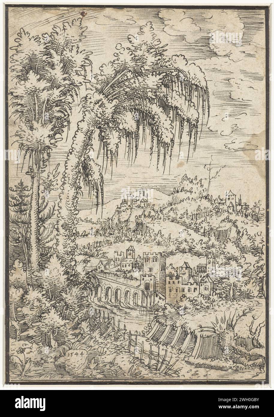 Mountain landscape and river, monogrammist AWG, 1544 drawing Mountain ...