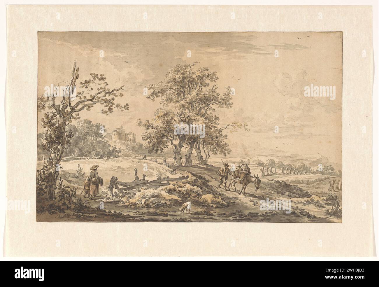 Woman with child and man with donkey in landscape, Egbert van Drielst ...