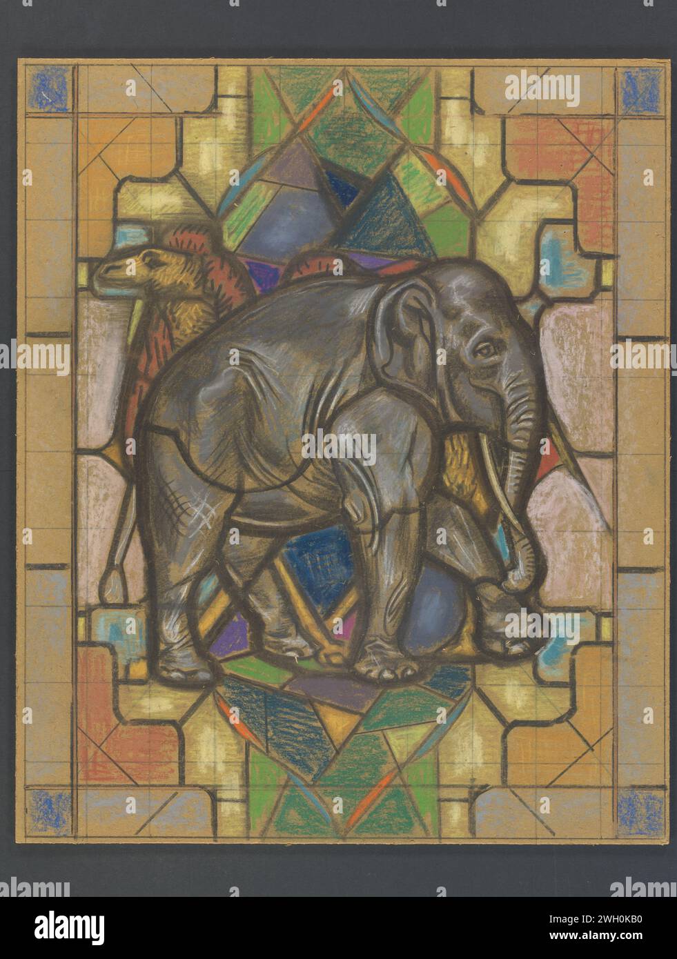 Design for a stained glass window with an elephant and camel, Jaap ...