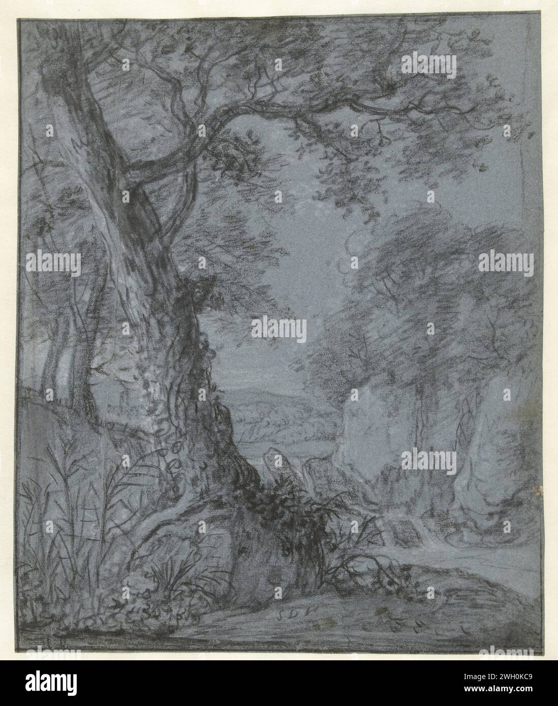 Tree in a hilly landscape with a waterfall and rocks, Simon de Vlieger ...