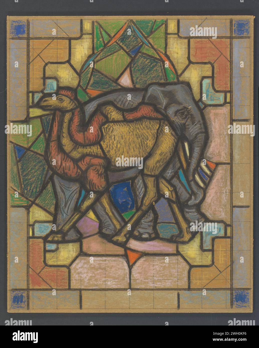 Design for a stained glass window with a camel and elephant, Jaap ...