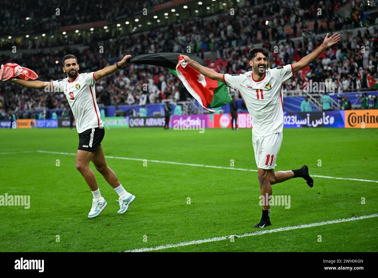 Al Rayyan, Qatar. 6th Feb, 2024. Jordan's Yazan Alnaimat (R) and Ali ...