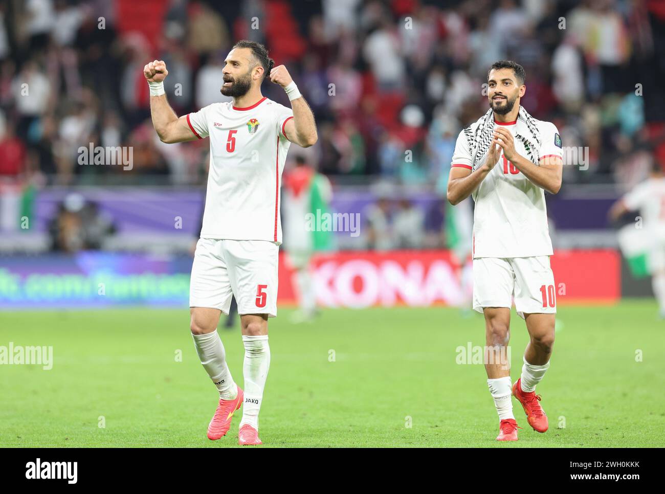 Al Rayyan, Qatar. 6th Feb, 2024. Jordan's Mousa Altamari (R) and Yazan ...