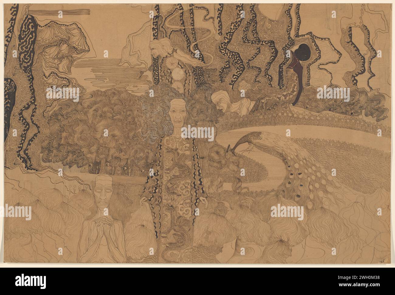 Allegorical representation with figures and a peacock in a garden ...