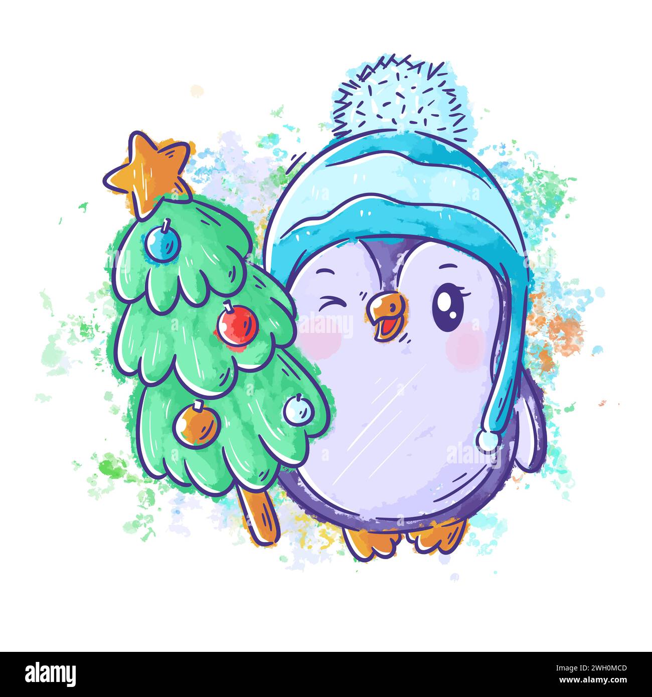 Cute penguin wearing a head warmer and carrying a Christmas tree ...