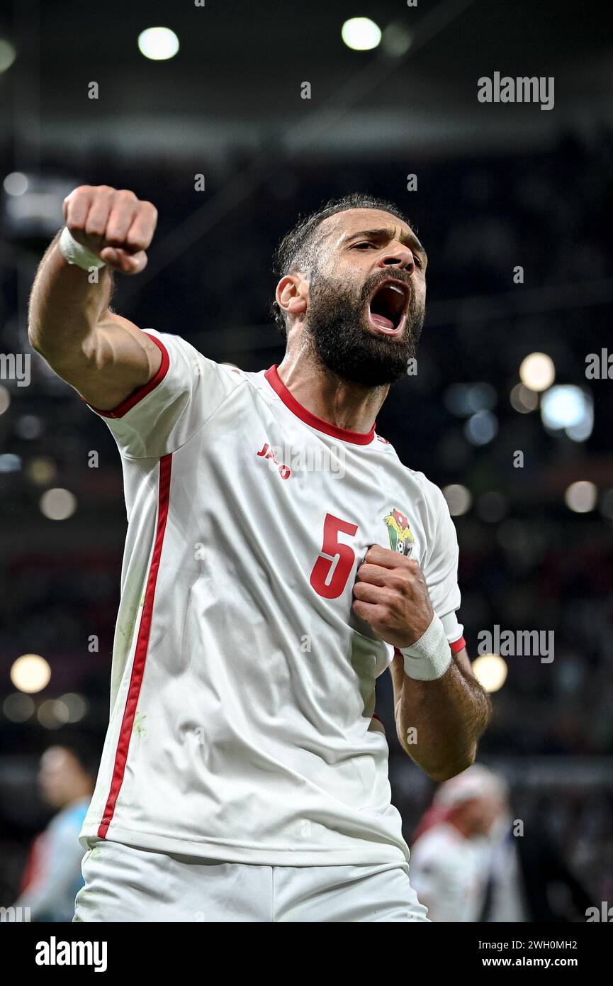 Al Rayyan, Qatar. 6th Feb, 2024. Jordan's Yazan Alarab celebrates after ...