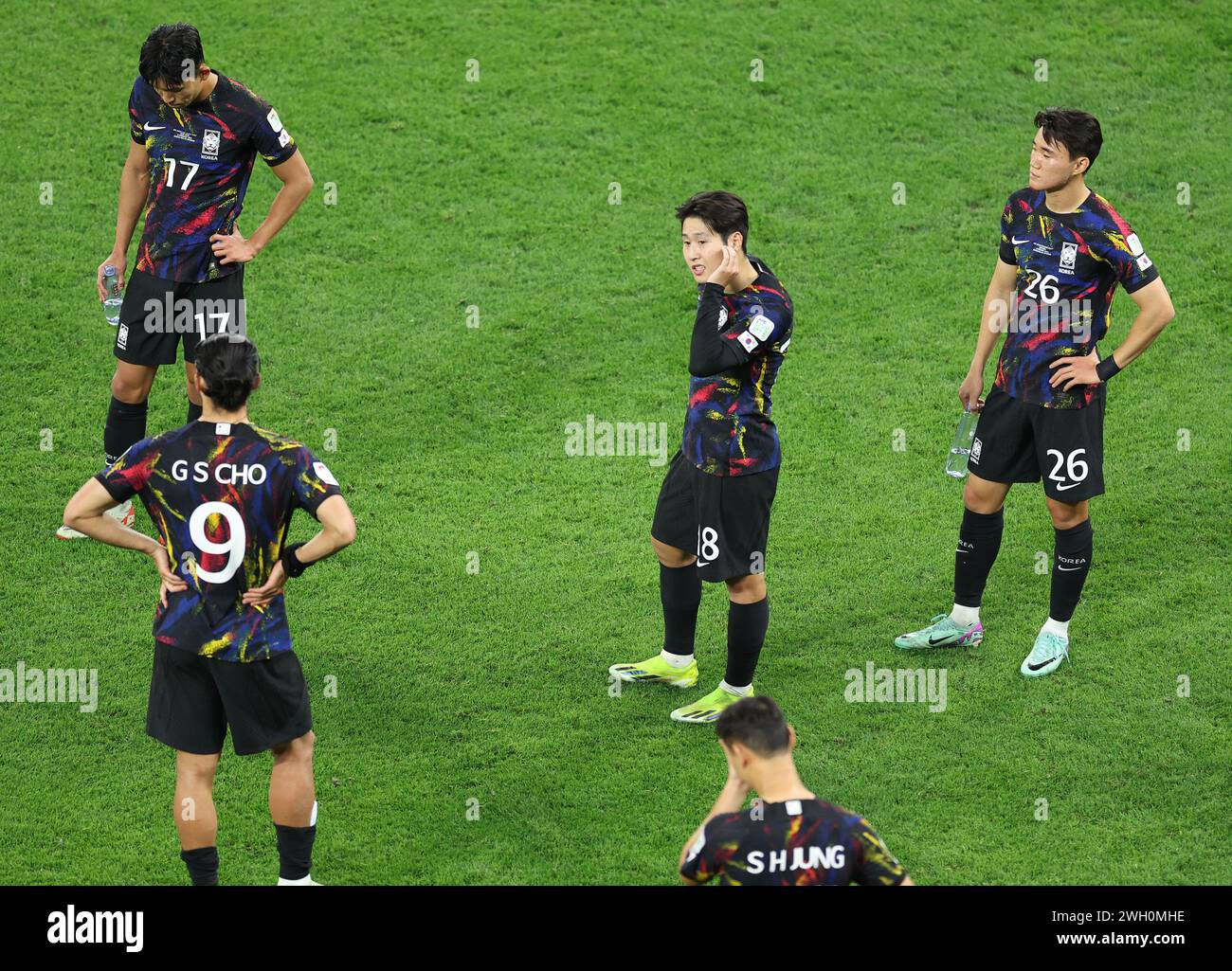 Al Rayyan, Qatar. 6th Feb, 2024. Players of South Korea react after the ...