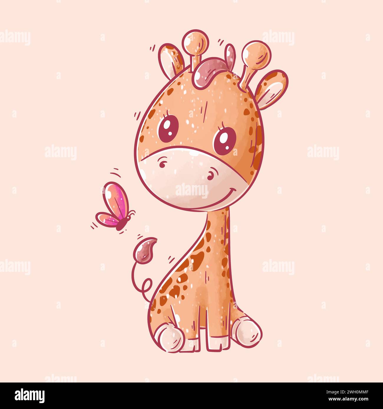 Cute giraffe sitting with butterfly in cartoon style vector Stock ...