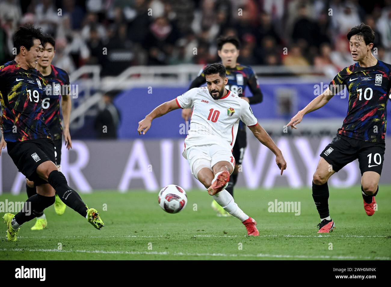 Al Rayyan, Qatar. 6th Feb, 2024. Jordan's Mousa Altamari (front C ...