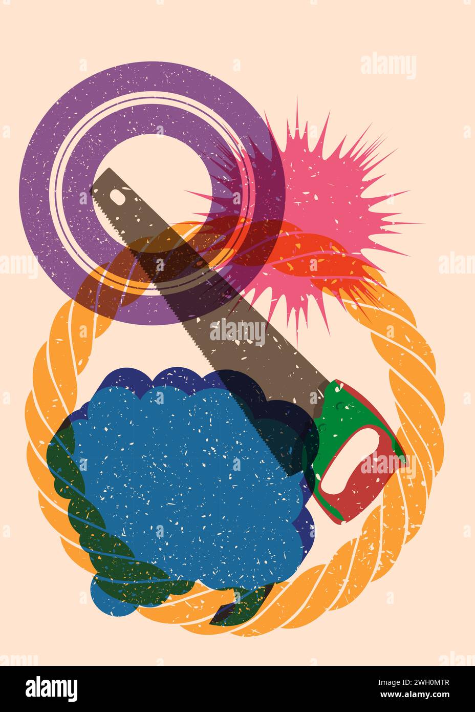 Risograph Hand Saw with speech bubble with geometric shapes. Objects in ...