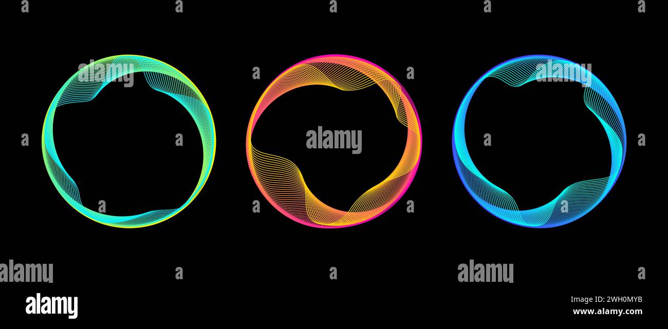 Neon blend circle lines set. Colorful glowing round tech frame ...