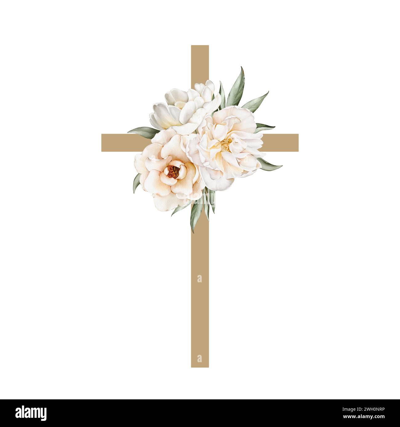 Floral Cross with white gentle flowers and greenery. Watercolor ...