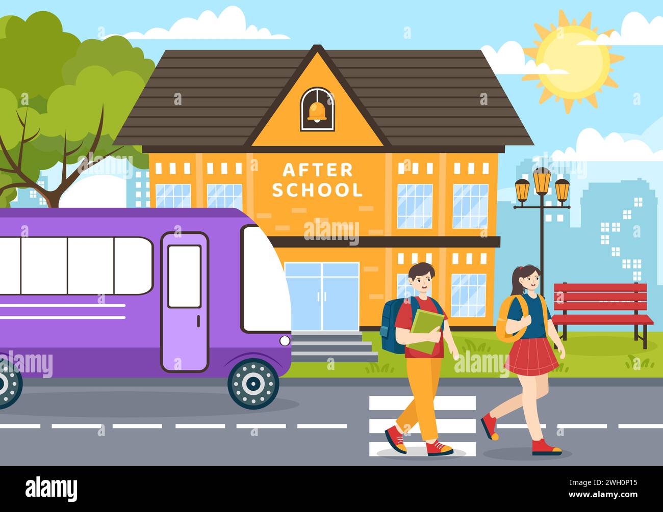 After School Vector Illustration with Students Leave School Building ...