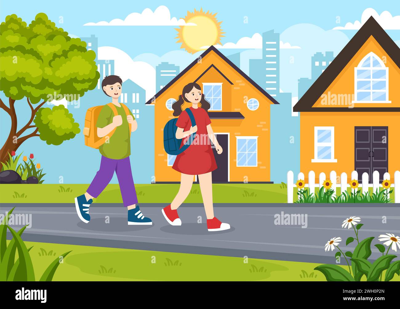 After School Vector Illustration with Students Leave School Building ...