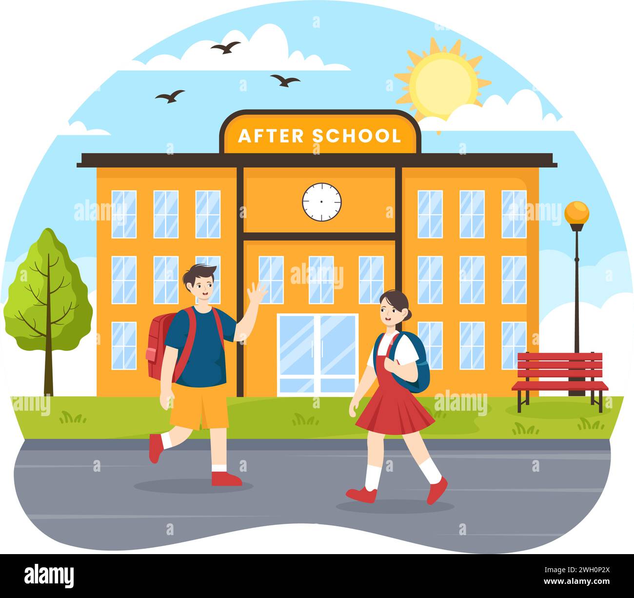 After School Vector Illustration with Students Leave School Building ...