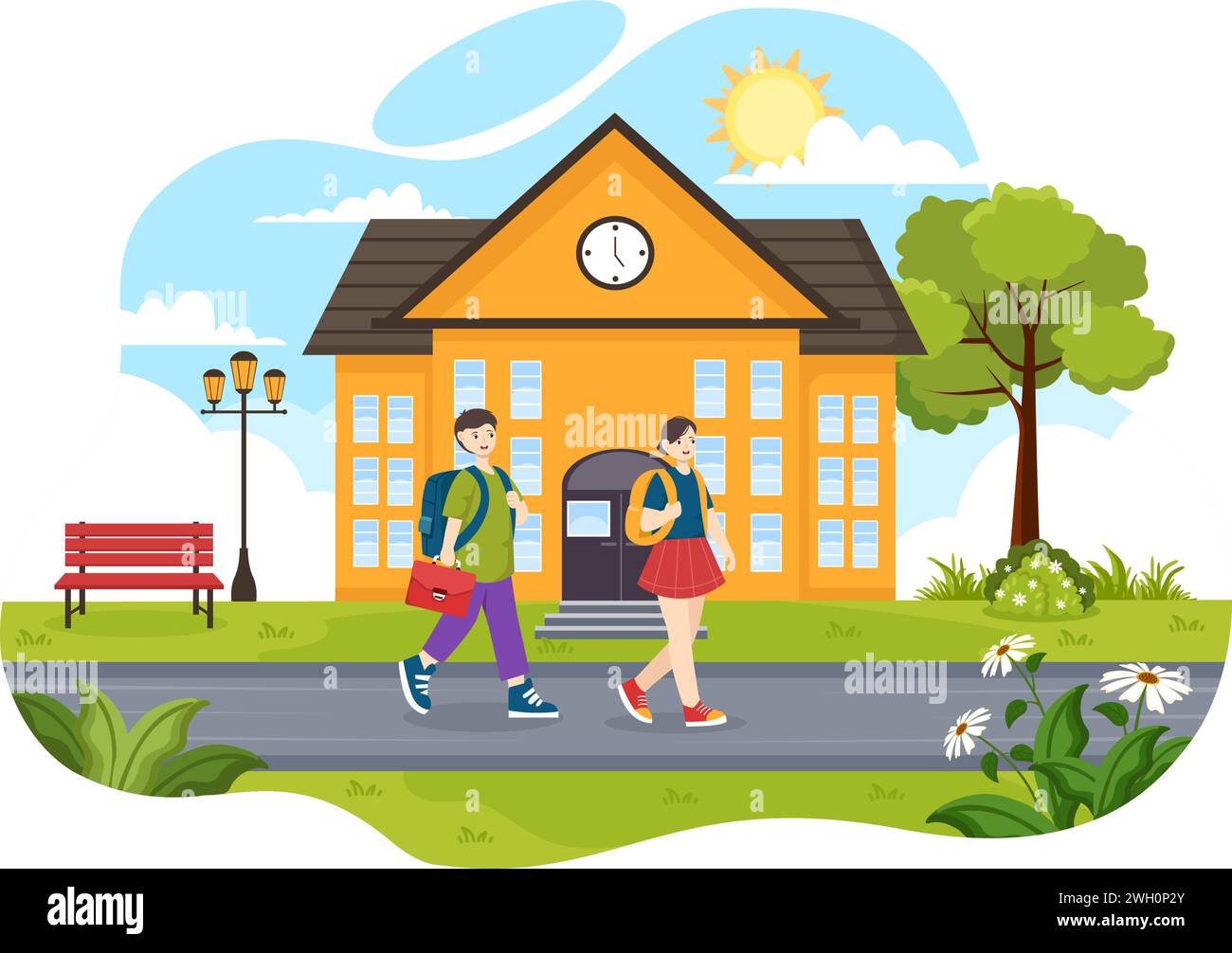 After School Vector Illustration with Students Leave School Building ...