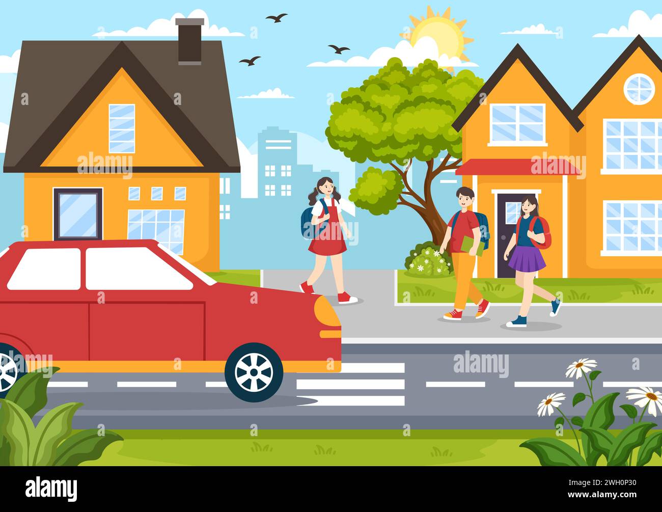 After School Vector Illustration with Students Leave School Building ...