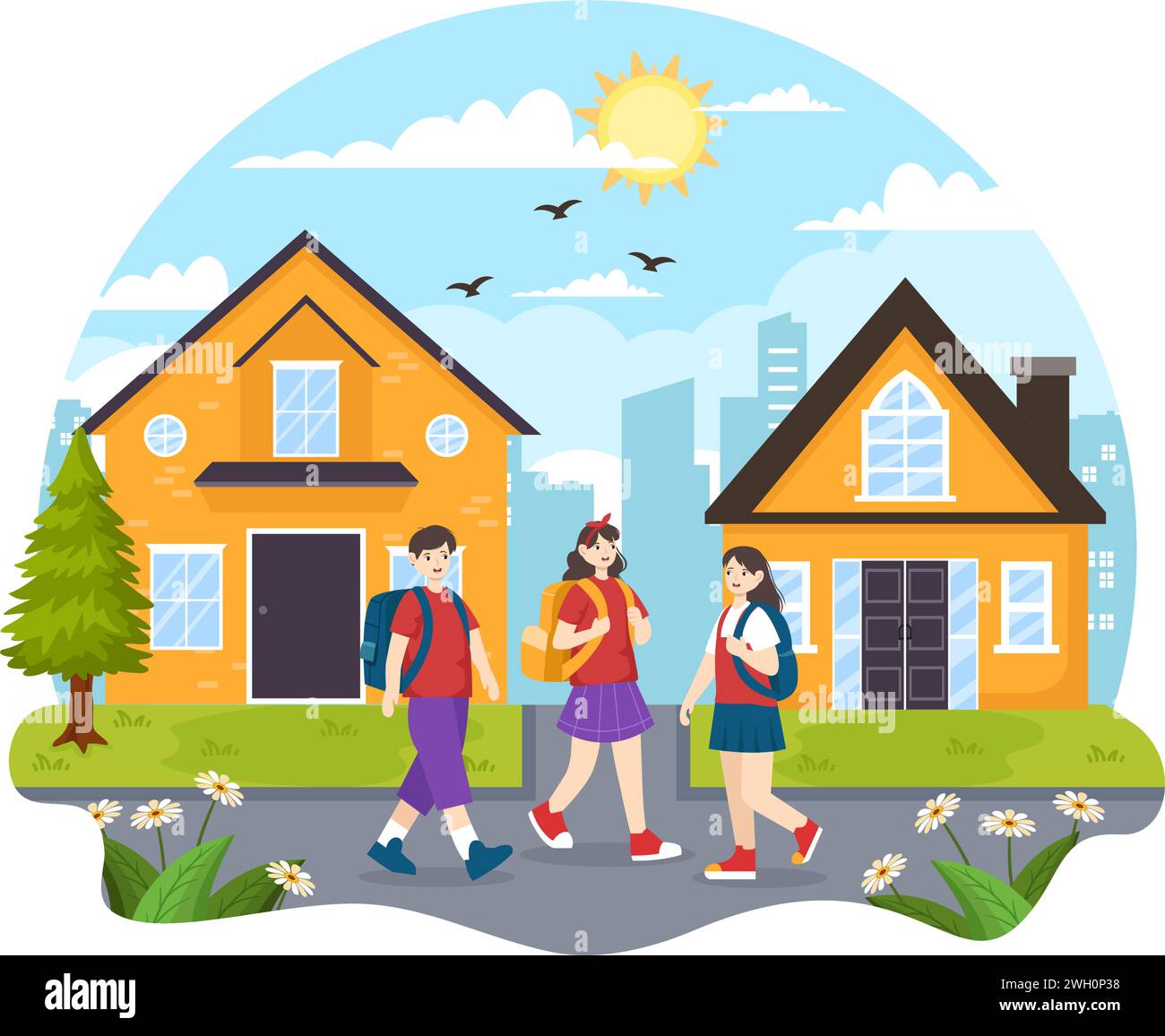 After School Vector Illustration with Students Leave School Building ...