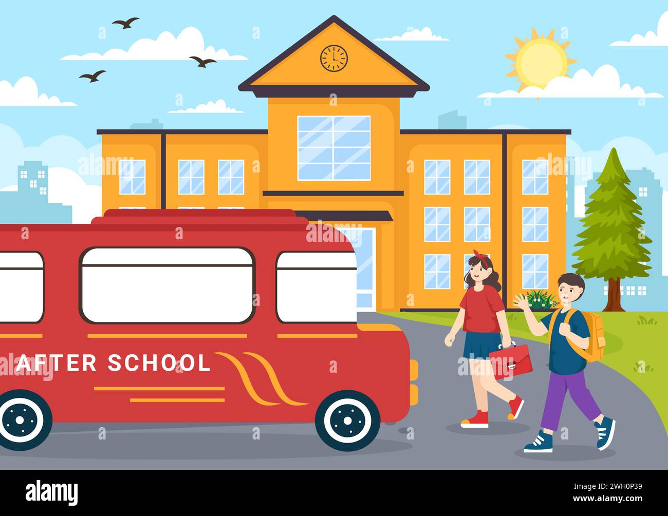 After School Vector Illustration with Students Leave School Building ...