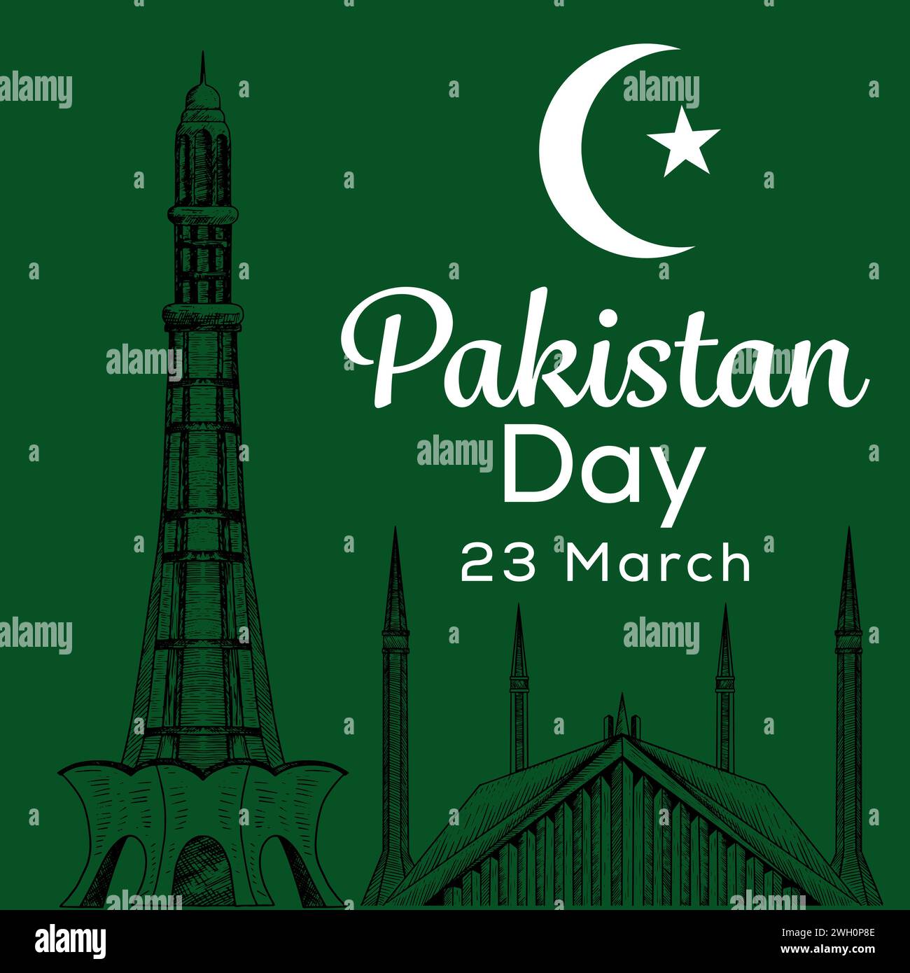 hand drawn pakistan day illustration on green background Stock Vector ...