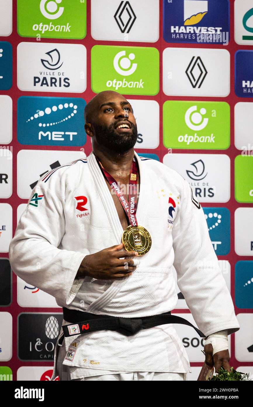 Paris, France. 04th Feb, 2024. Teddy Riner of France shows his gold ...