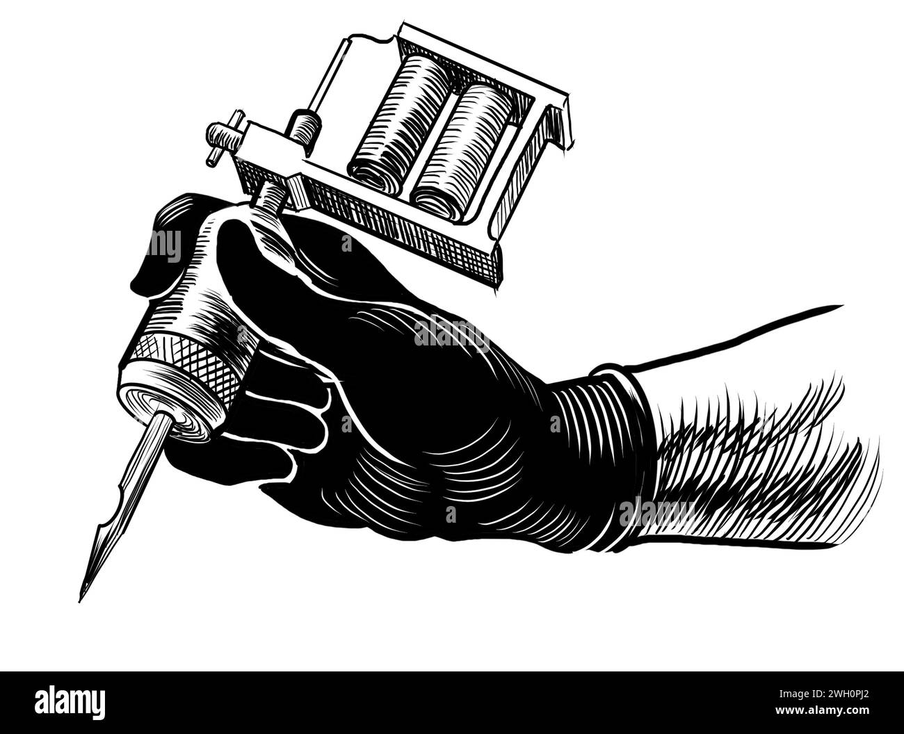 Hand with tattoo machine. Hand drawn black and white illustration Stock ...