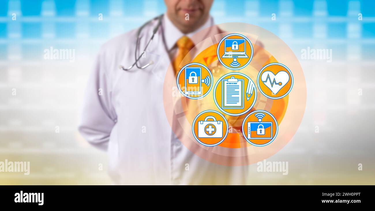 Unrecognizable doctor synchronizing patient medical records across ...