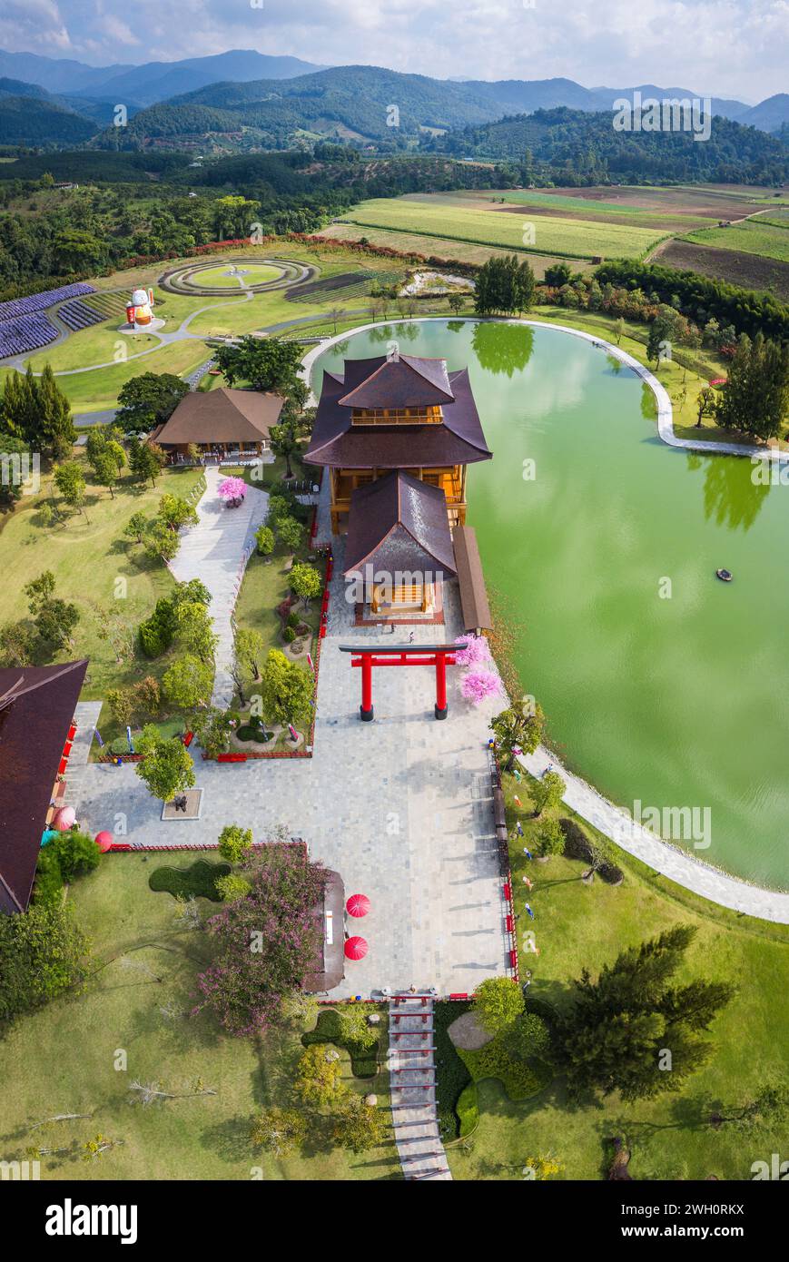 Aerial views of Japanese theme park Hinoki Land in Chai Prakan District, Chiang Mai, Thailand ...