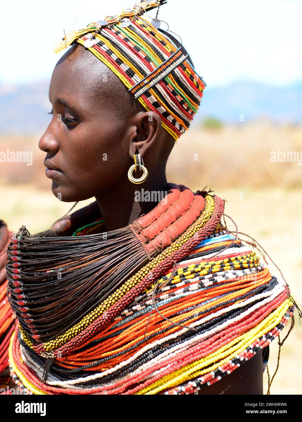 A Rendille woman wearing traditional necklace made from bundles of ...