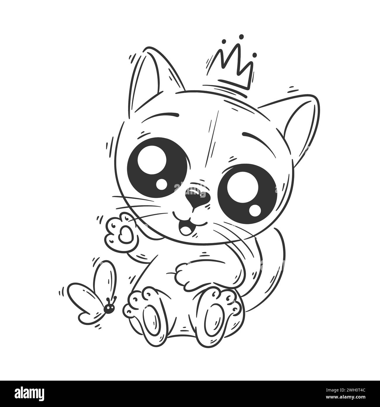 Cute Cat Playing With Butterfly Cartoon Vector For Coloring Stock