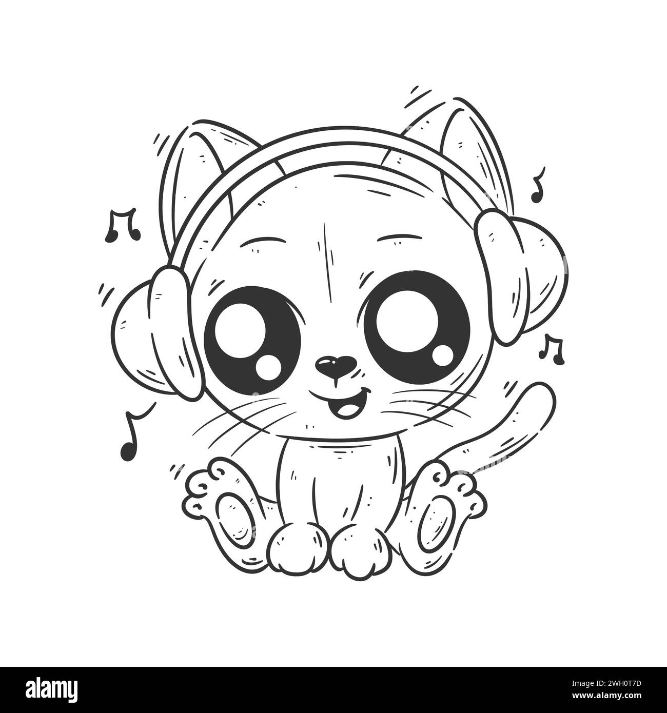 Cute cat sitting listening to music cartoon vector for coloring Stock ...
