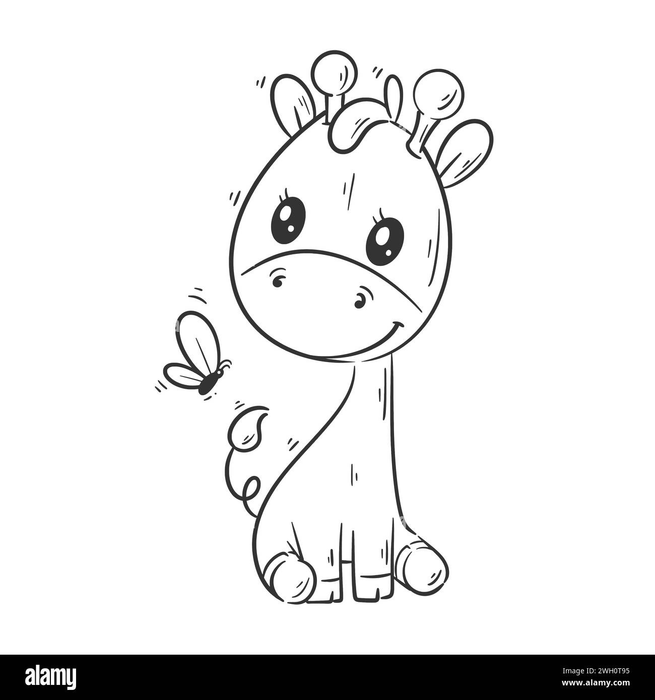 Cute Giraffe Sitting With Butterfly In Cartoon Style Vector For Coloring Stock Vector Image