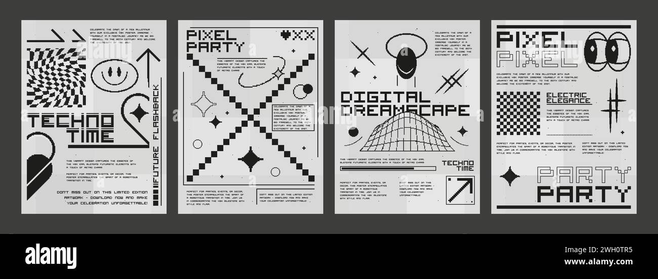 Retro futuristic techno banners set. Vector realistic illustration of ...