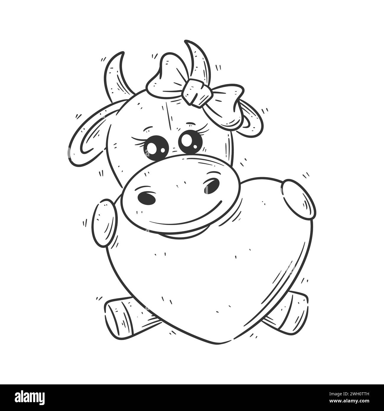 Cute cow wearing a hair band and carrying a heart for coloring Stock ...
