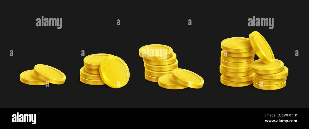 3D piles of golden coins isolated on black background. Vector realistic ...