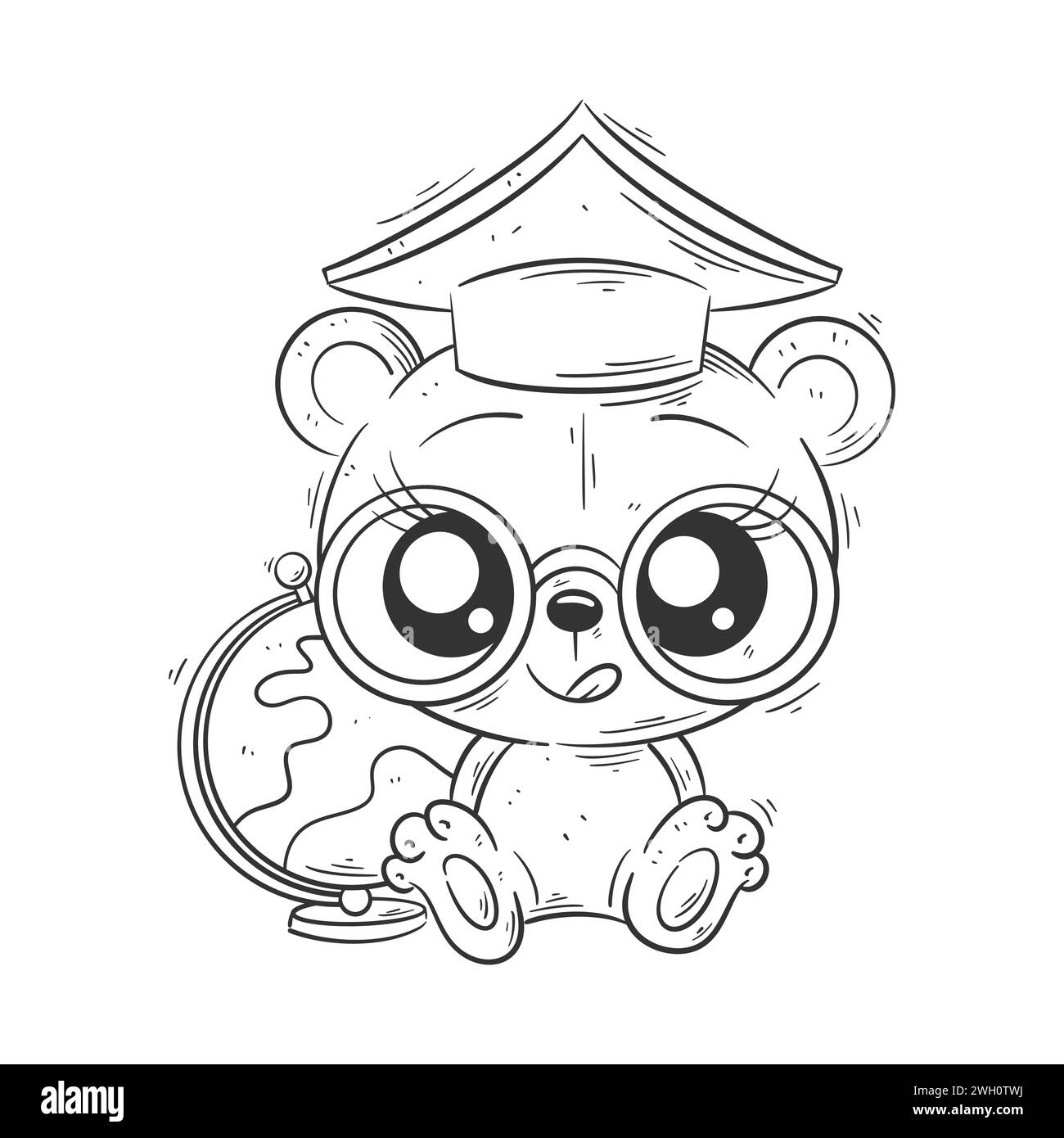 Cute bear is wearing a graduation cap and there is a globe behind it ...