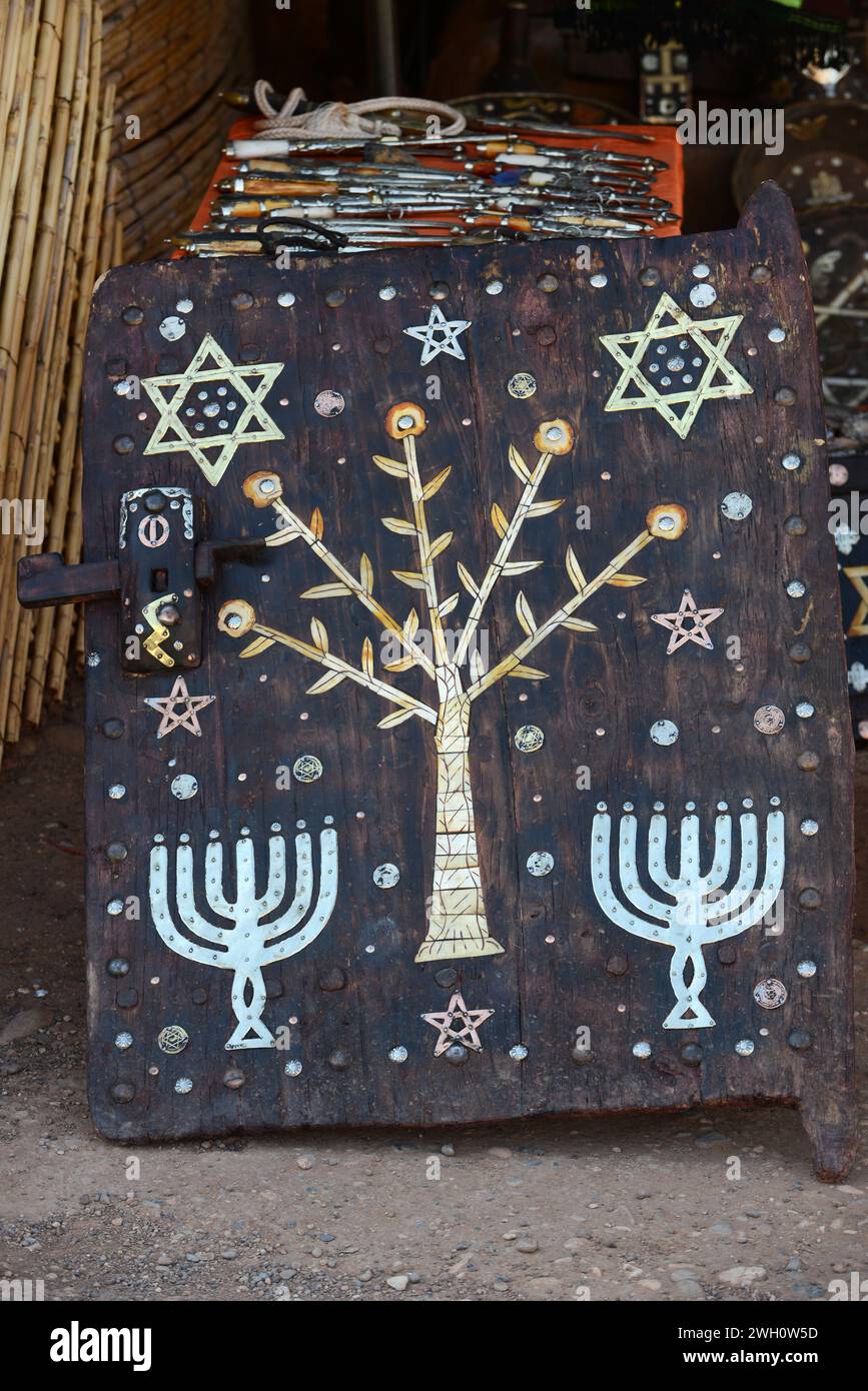 An antique door of a Jewish home decorated with Jewish symbols ...