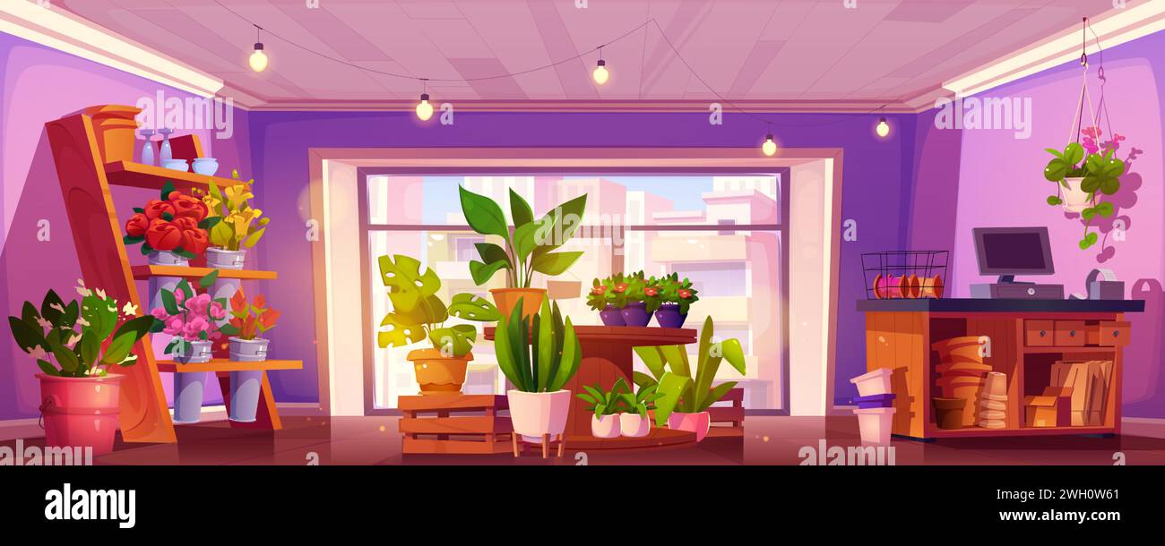 Flower shop interior with green plants in pot and bouquets in basket ...