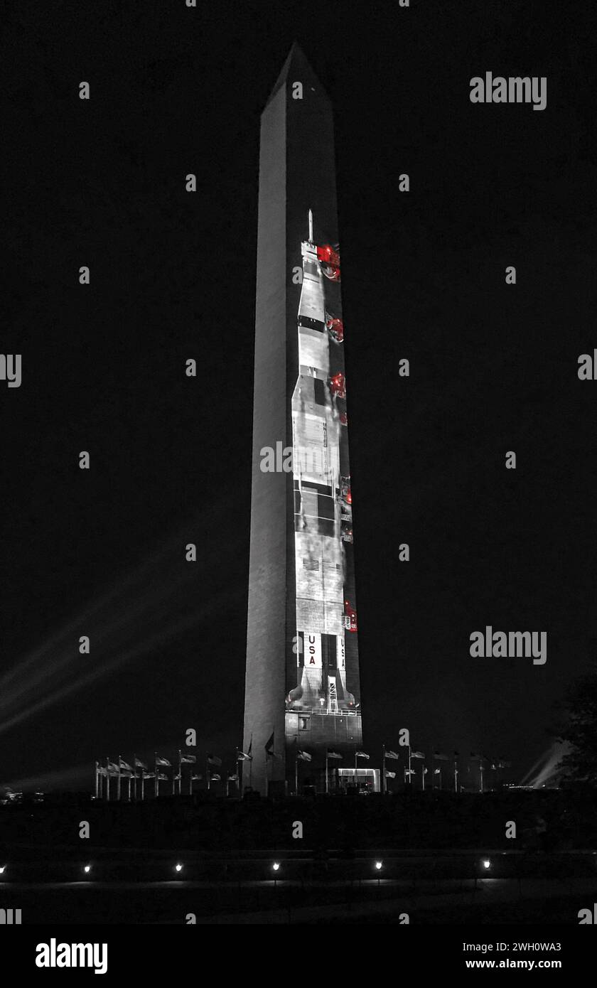 A rocket readying for launch is projected on the side of the Washington ...