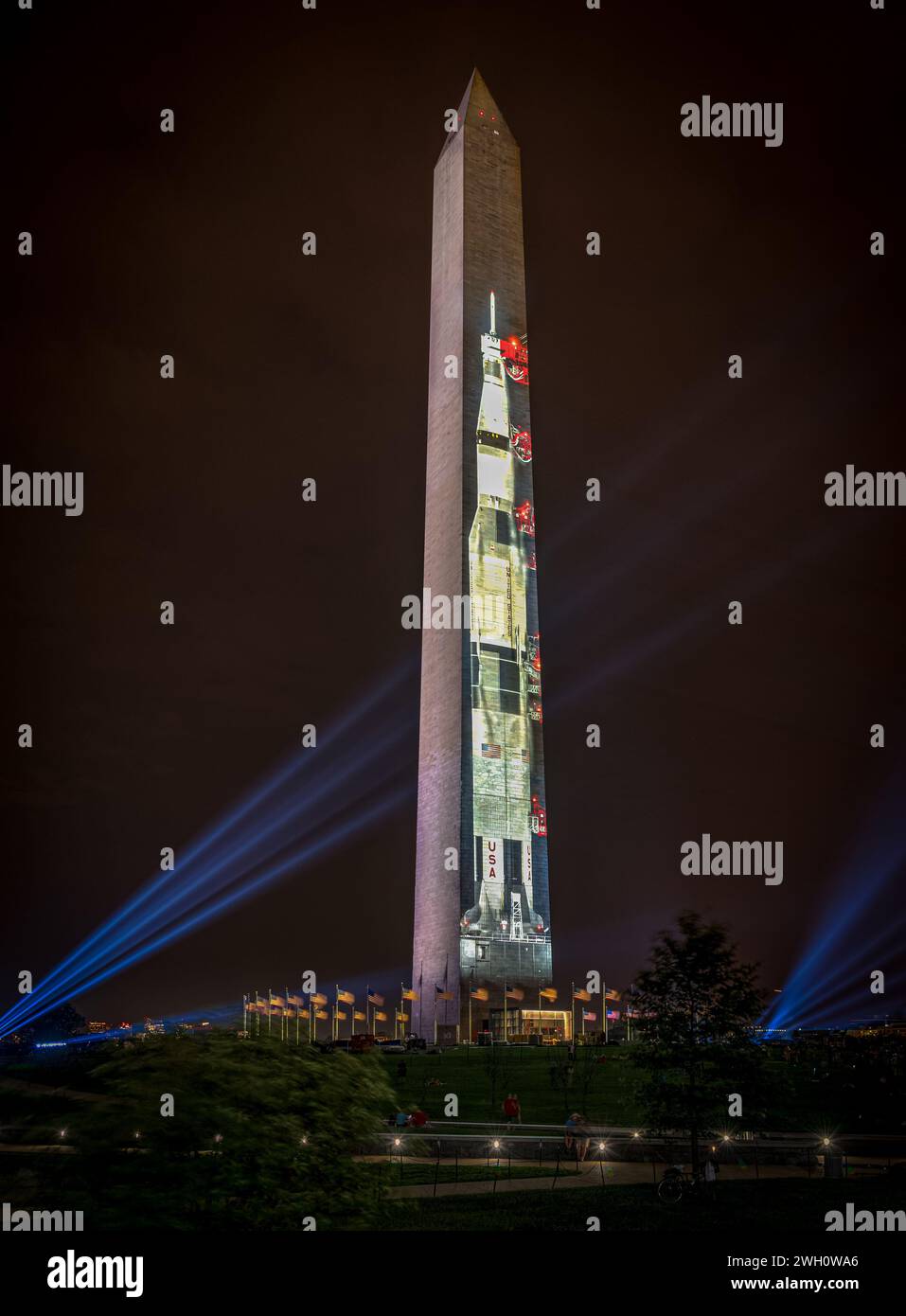 A rocket readying for launch is projected on the side of the Washington Monument in Washington ...