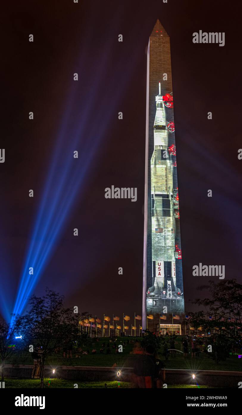 A rocket readying for launch is projected on the side of the Washington Monument in Washington ...