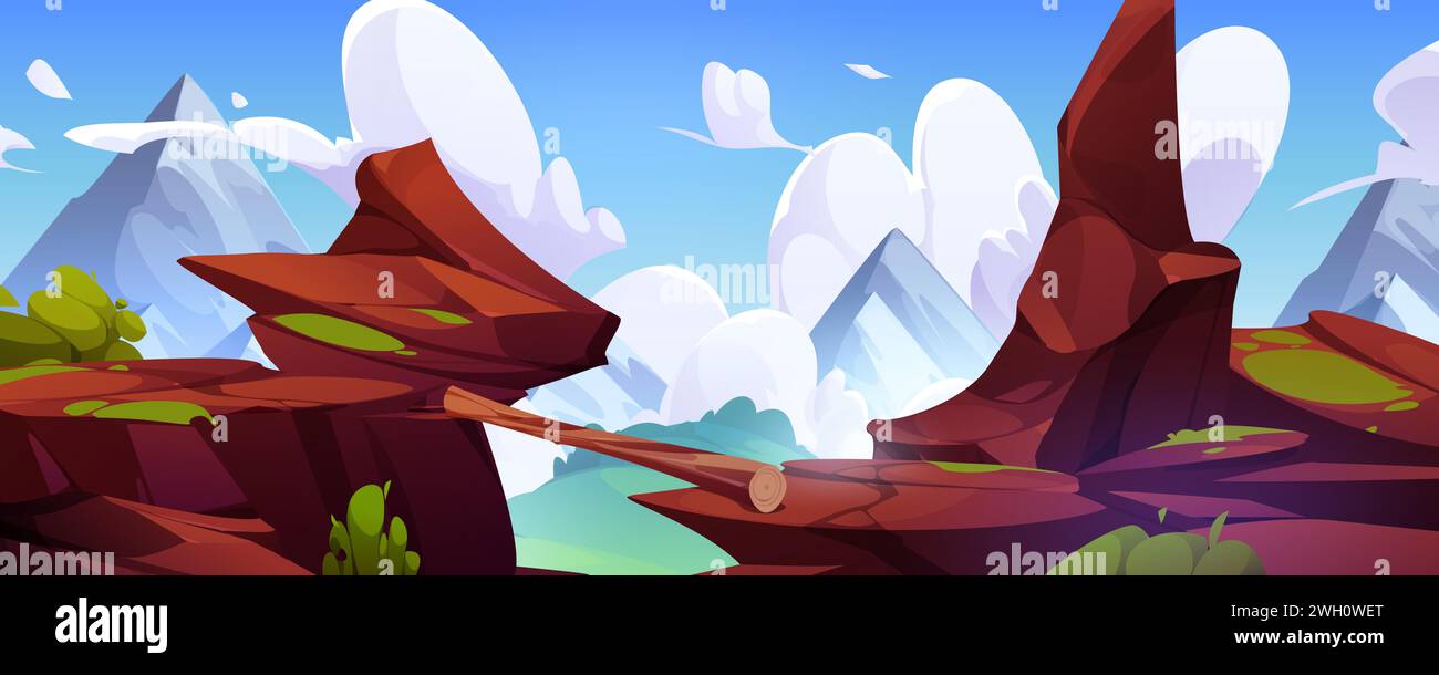 Wooden log used as bridge between two edges of rock cliff over chasm ...