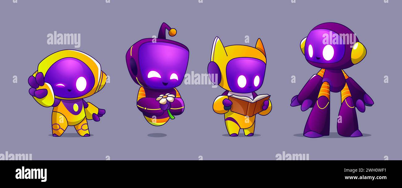 Cute robot cartoon character set - standing with smiling face, waving ...