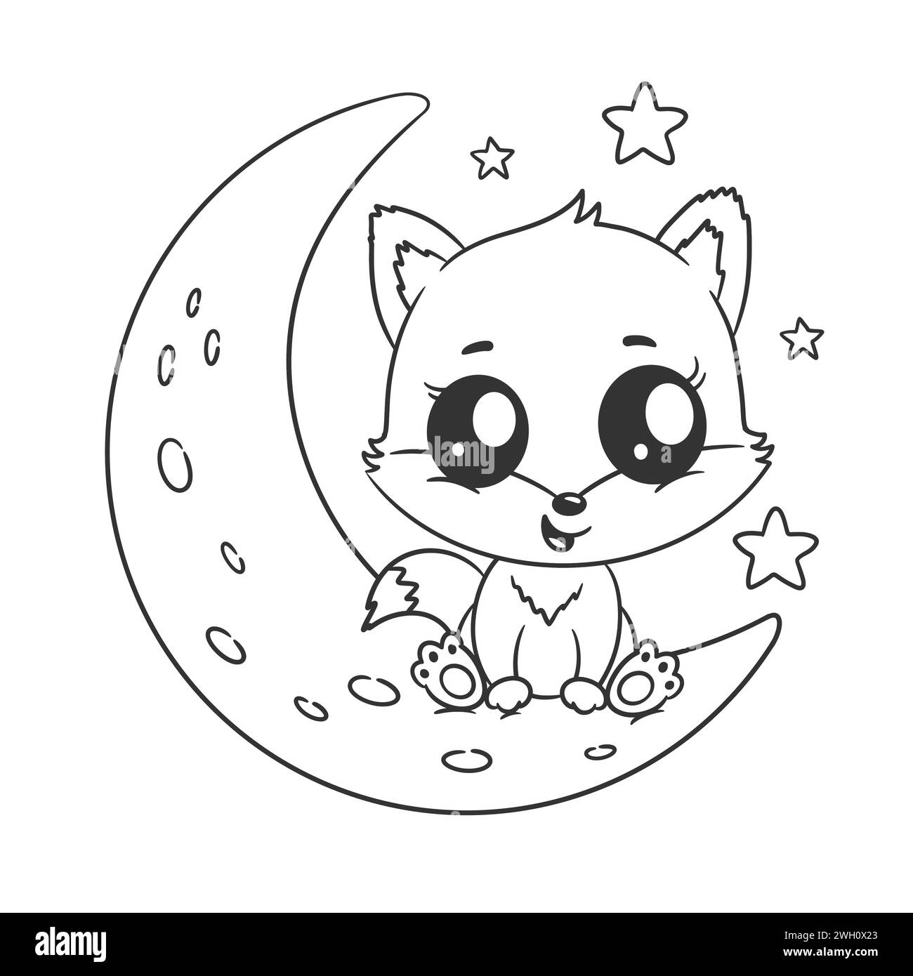 Cute fox is sitting on the moon alone for coloring Stock Vector Image ...