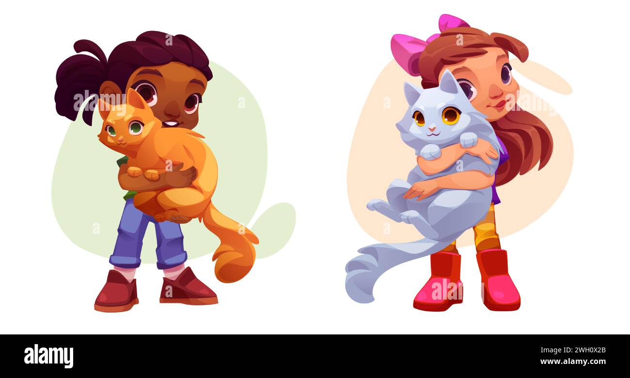 Kid girl embracing cat. Cartoon vector illustration set of female child ...