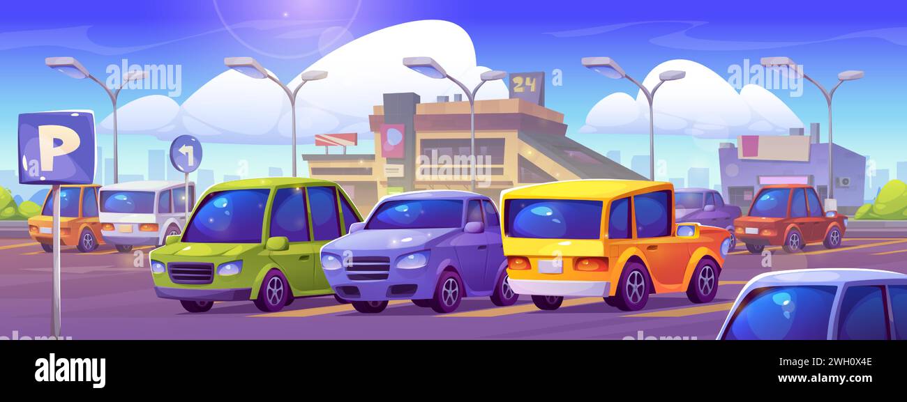 Cars parked in public parking lot at entrance to large supermarket ...