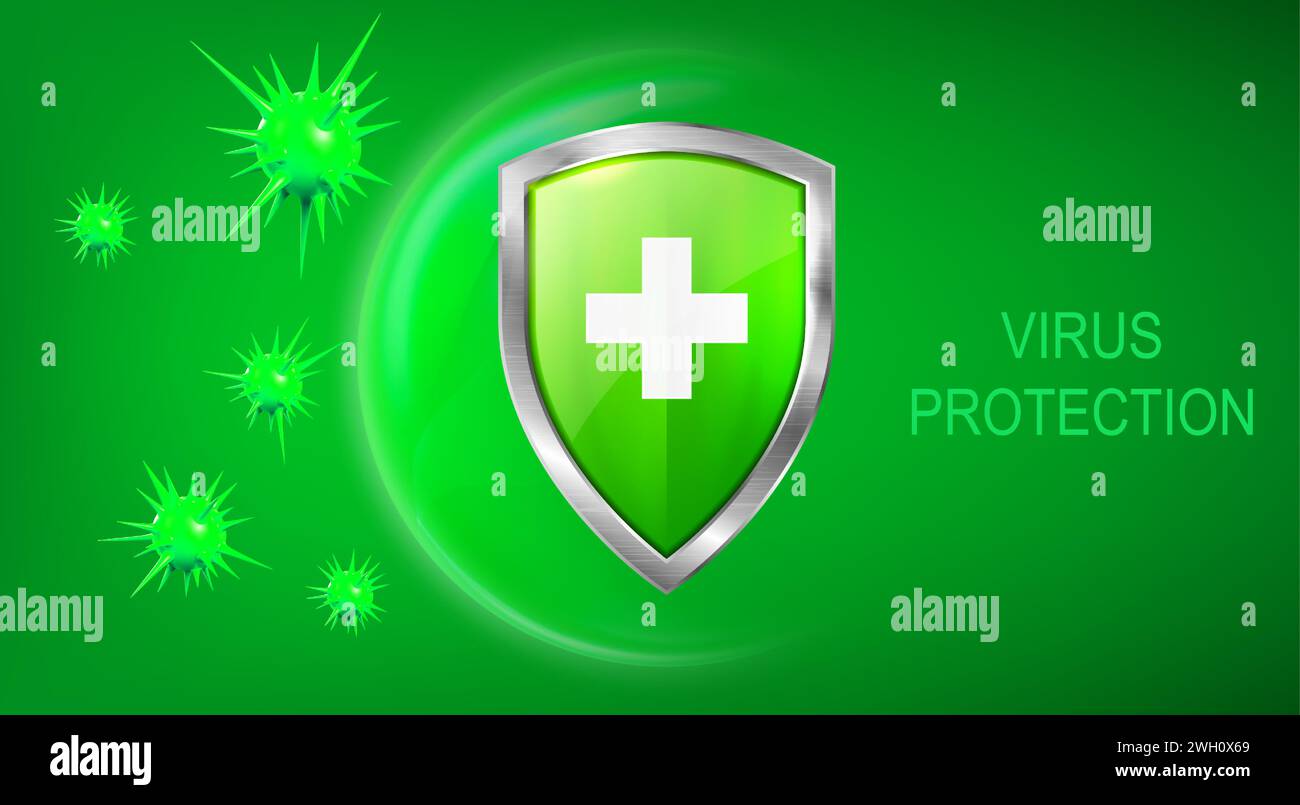 Virus protection banner with shield, cross and bacteria on green ...